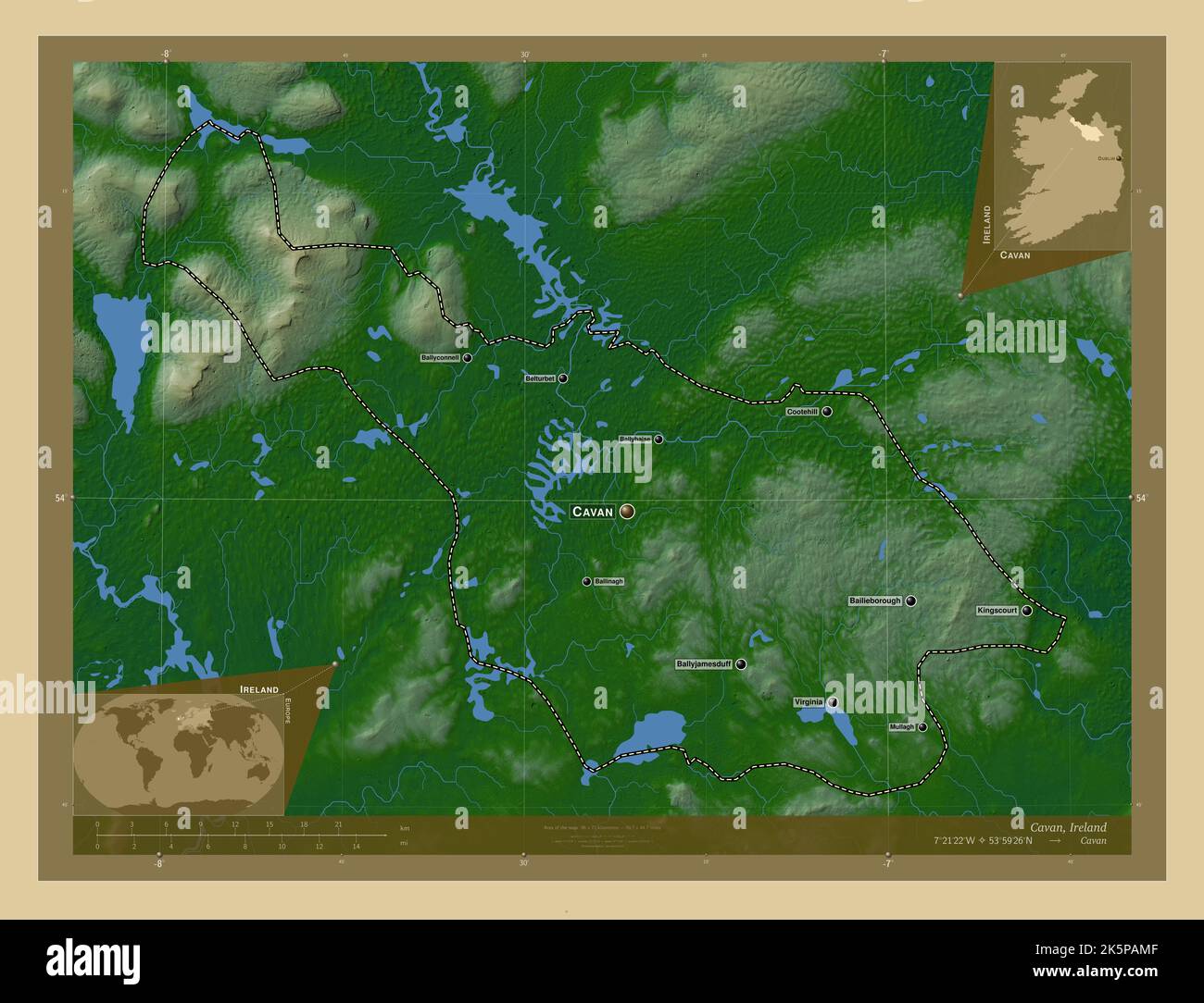 Cavan, county of Ireland. Colored elevation map with lakes and rivers ...