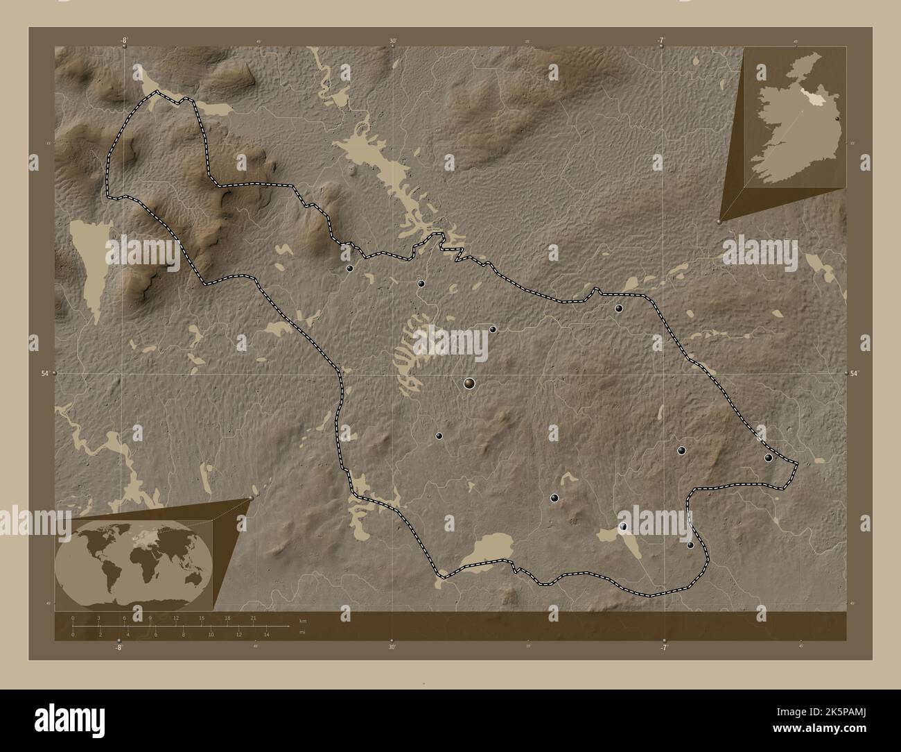 Cavan, county of Ireland. Elevation map colored in sepia tones with ...