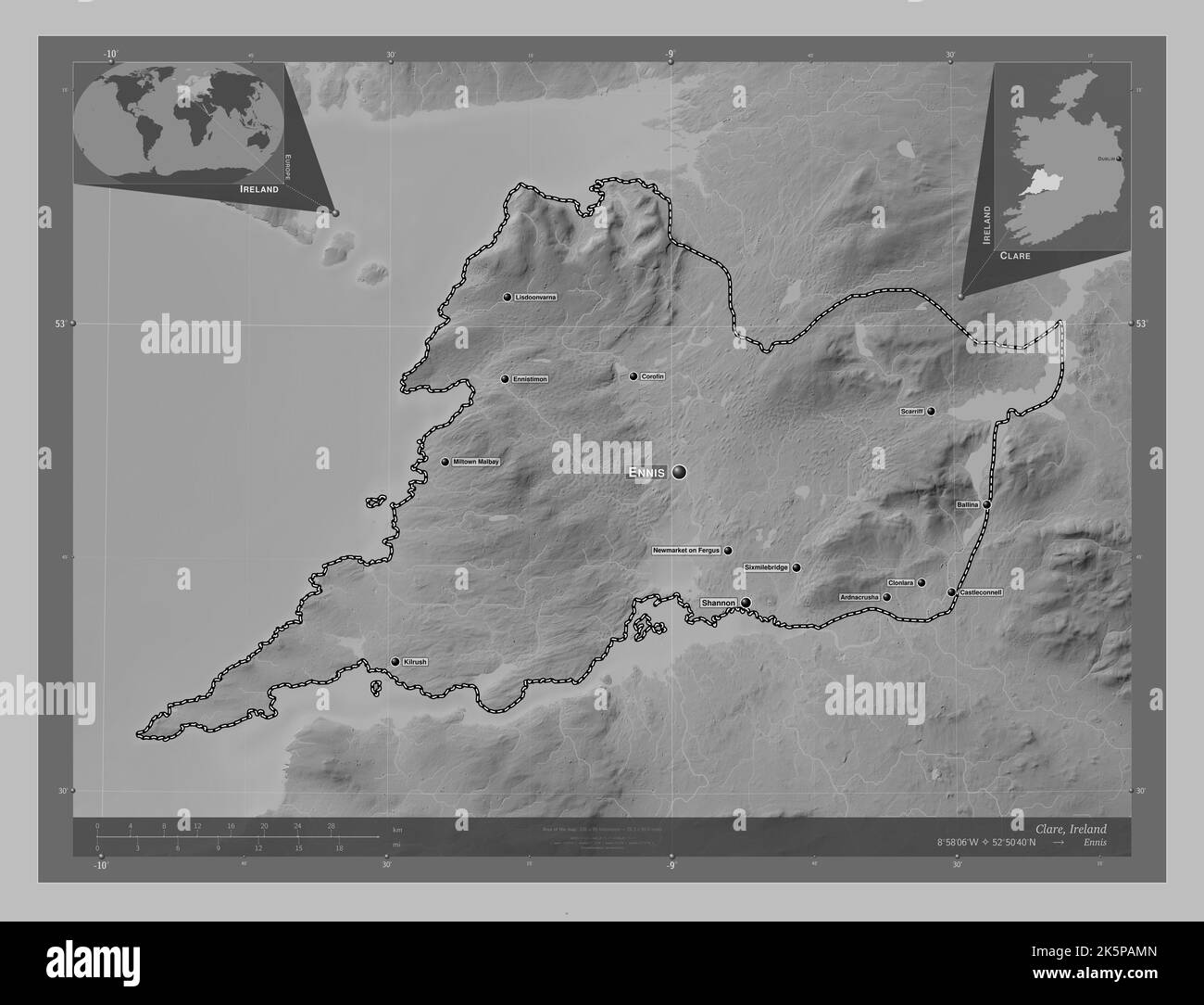 Clare, county of Ireland. Grayscale elevation map with lakes and rivers ...