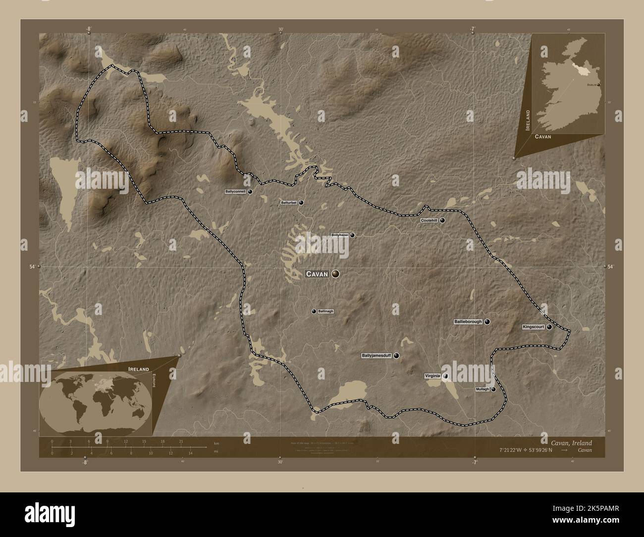 Cavan, county of Ireland. Elevation map colored in sepia tones with ...
