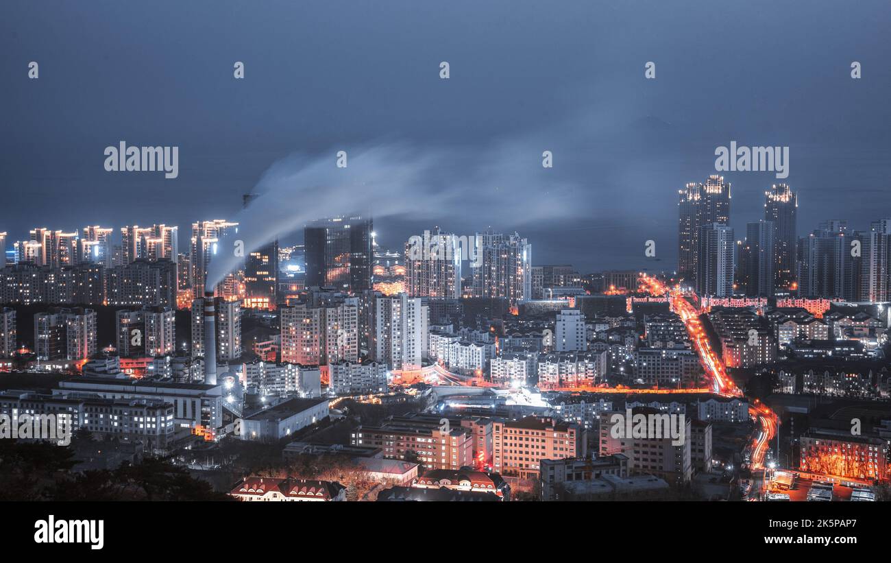 The seaside city scenery of Qingdao, Shandong Province, China at night ...