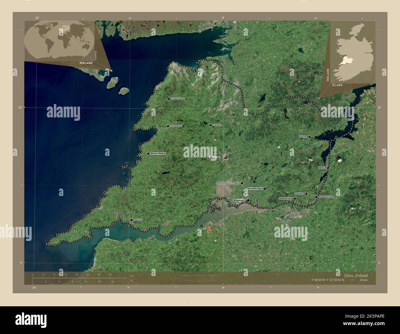 Clare, county of Ireland. High resolution satellite map. Locations and ...