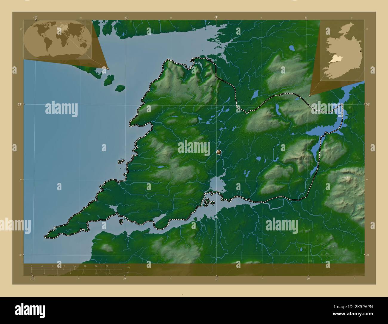 Clare, county of Ireland. Colored elevation map with lakes and rivers ...