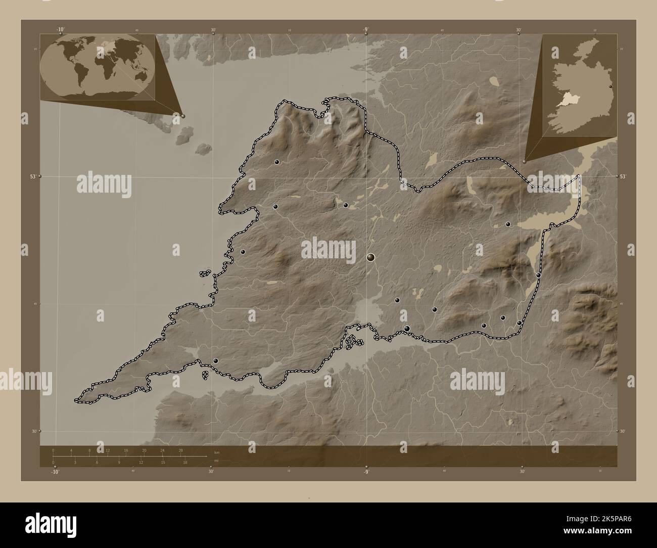 Clare, county of Ireland. Elevation map colored in sepia tones with ...