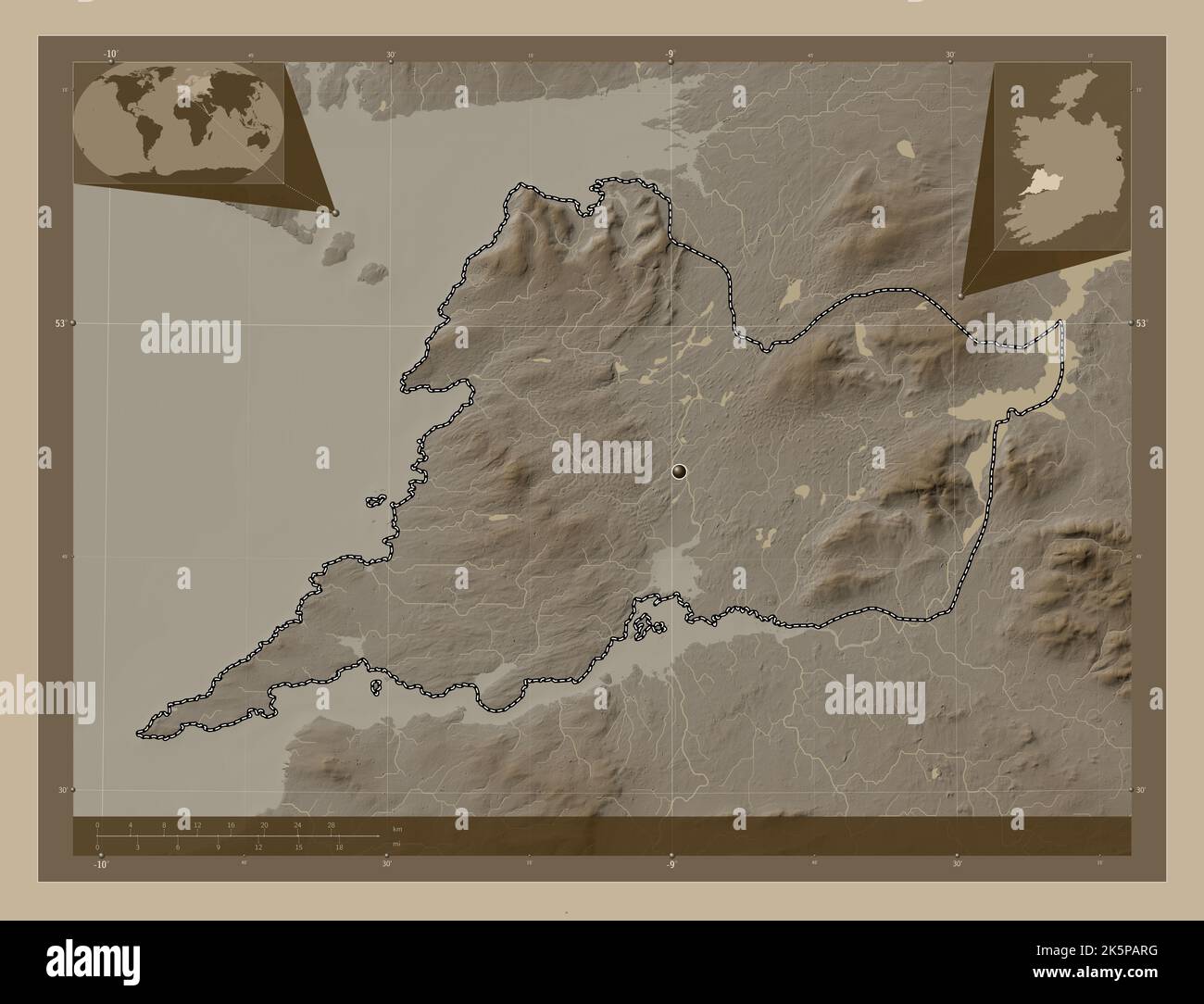 Clare, county of Ireland. Elevation map colored in sepia tones with ...