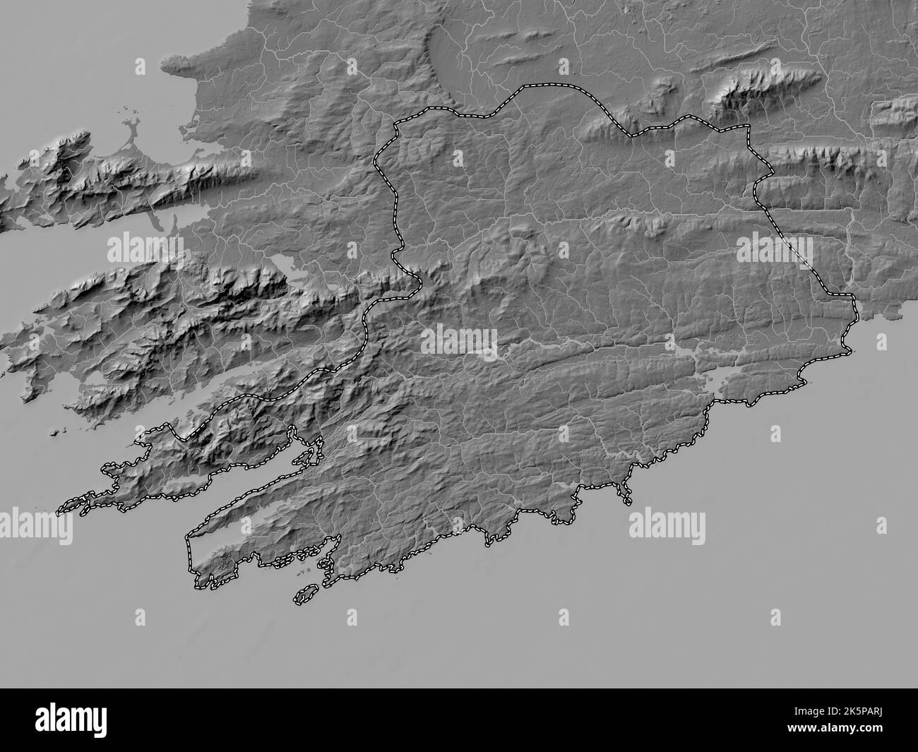 Cork, county of Ireland. Bilevel elevation map with lakes and rivers ...
