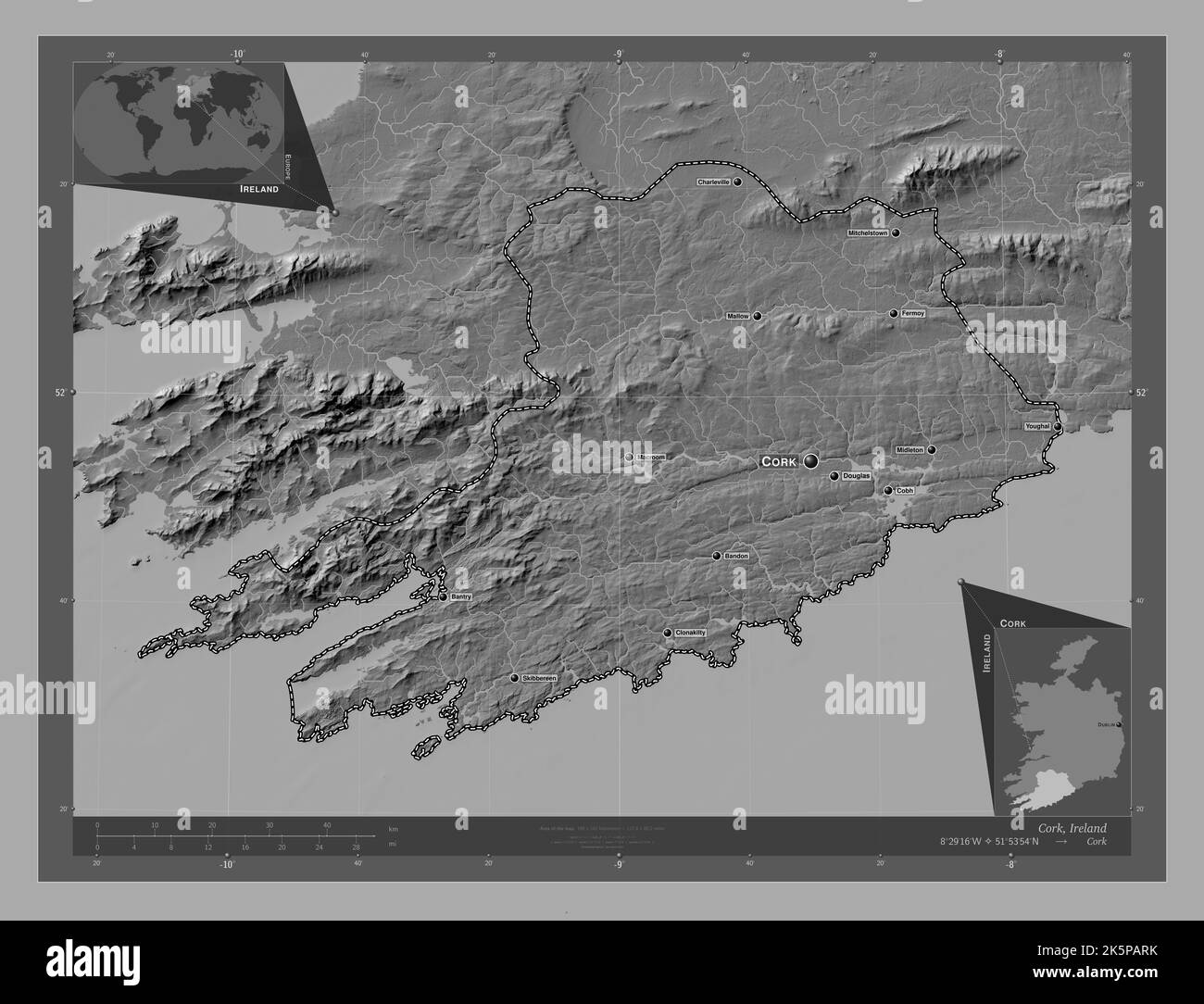 Cork, county of Ireland. Bilevel elevation map with lakes and rivers ...