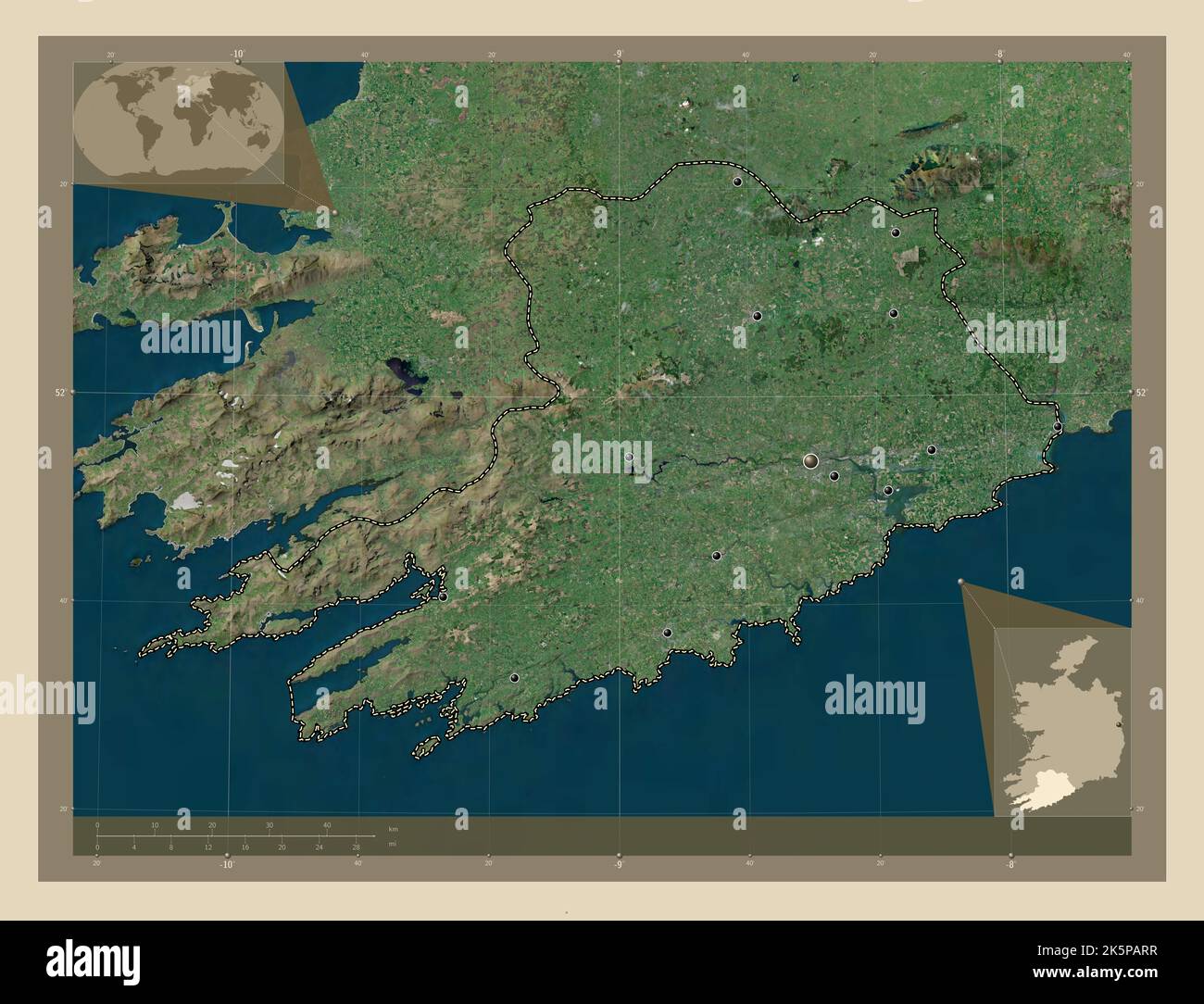 Cork, county of Ireland. High resolution satellite map. Locations of ...