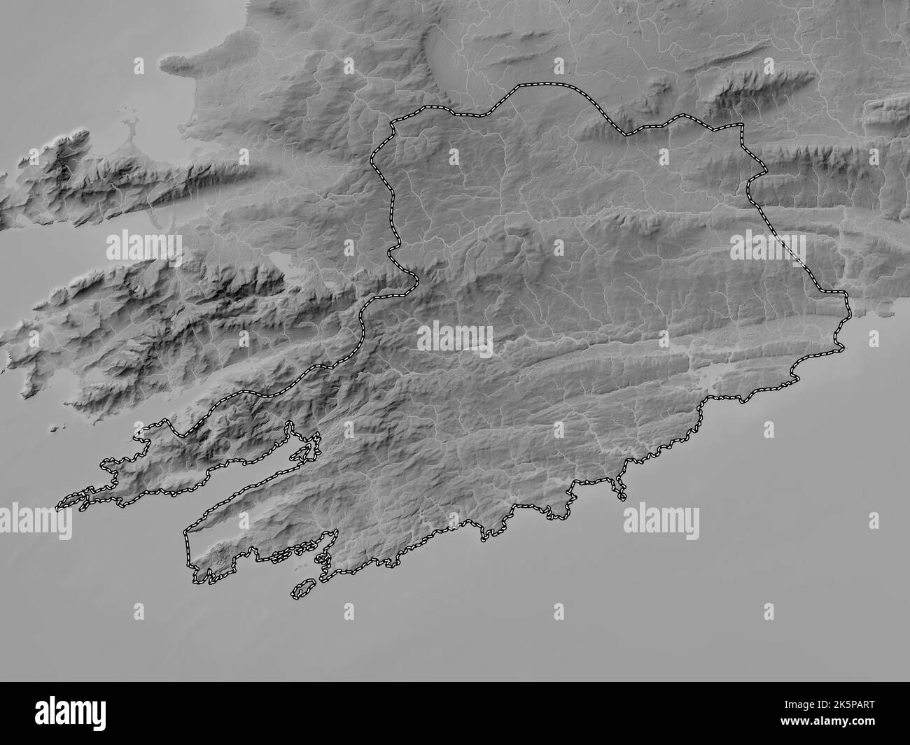 Cork, county of Ireland. Grayscale elevation map with lakes and rivers ...