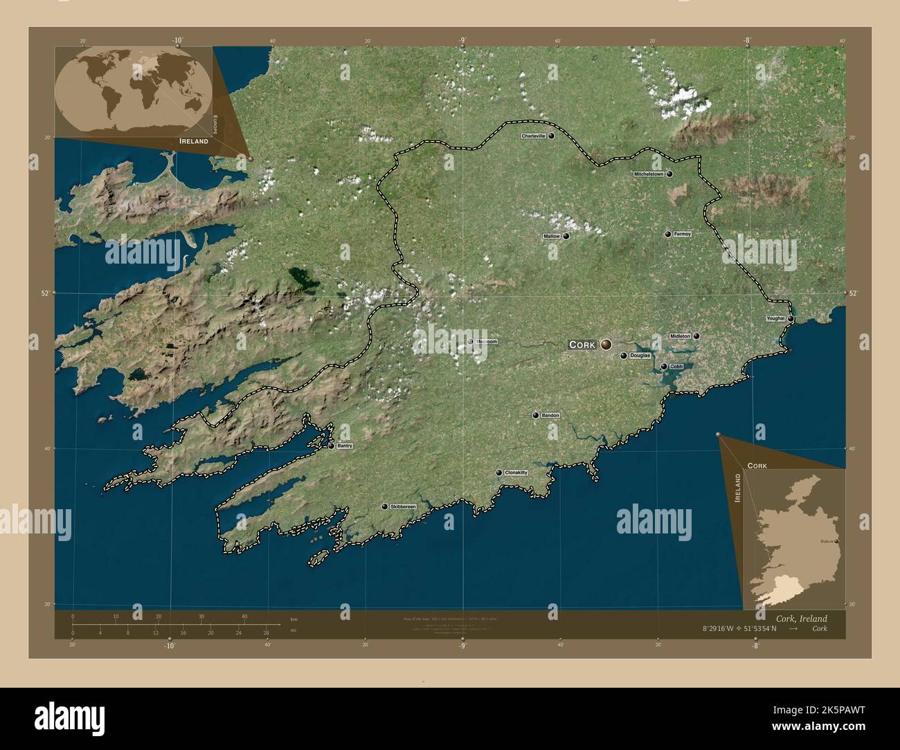 Cork, county of Ireland. Low resolution satellite map. Locations and ...