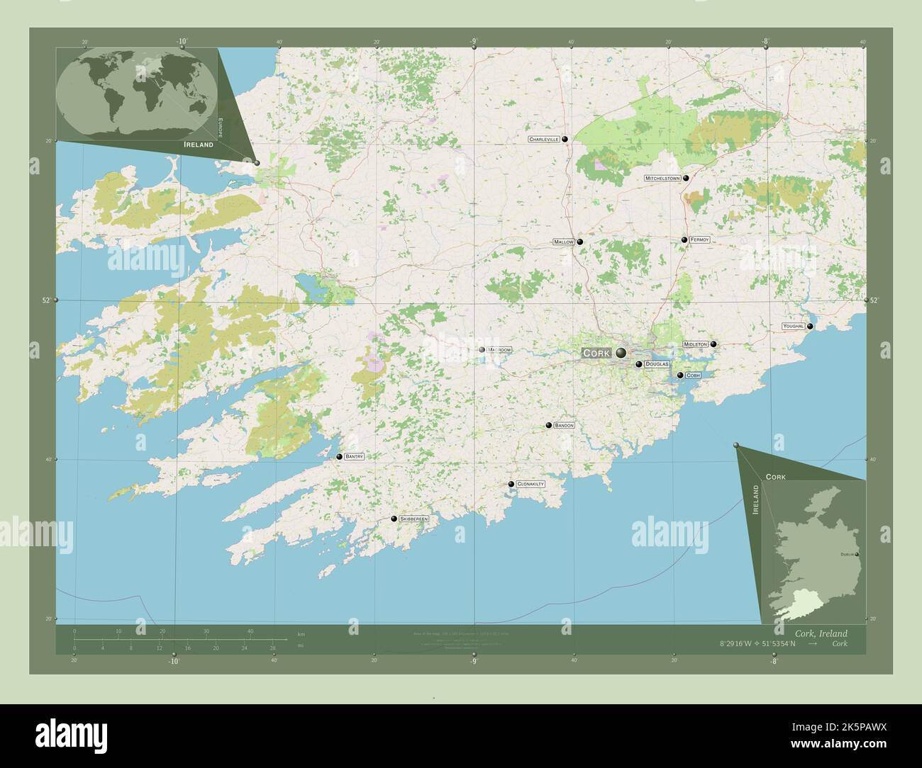 Cork, county of Ireland. Open Street Map. Locations and names of major ...