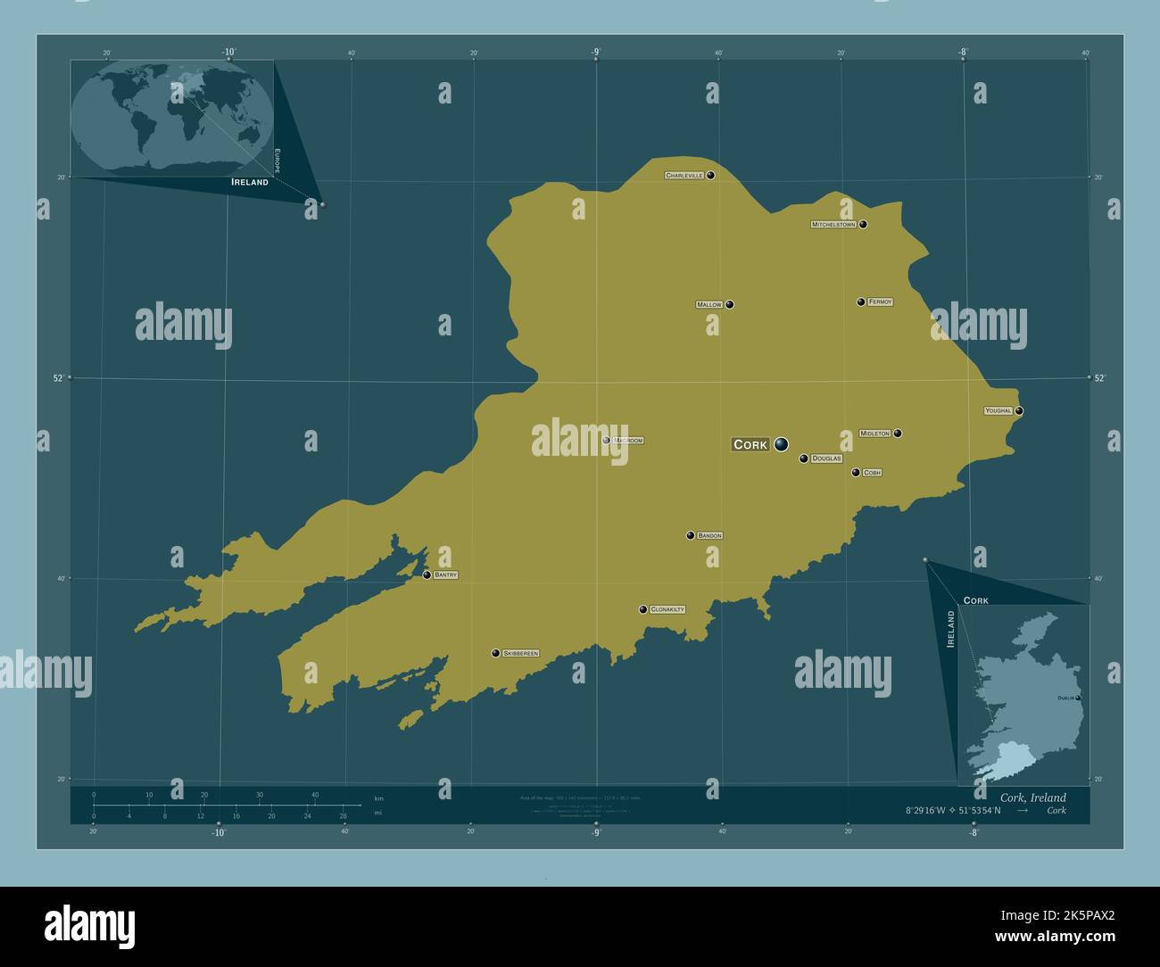 Cork, county of Ireland. Solid color shape. Locations and names of ...