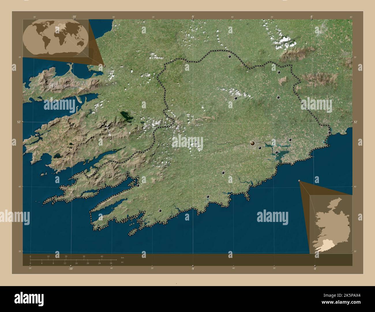 Cork, county of Ireland. Low resolution satellite map. Locations of ...
