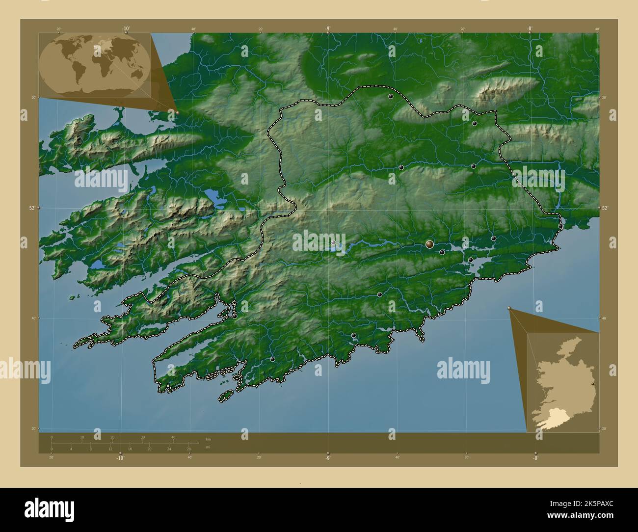 Cork, county of Ireland. Colored elevation map with lakes and rivers ...