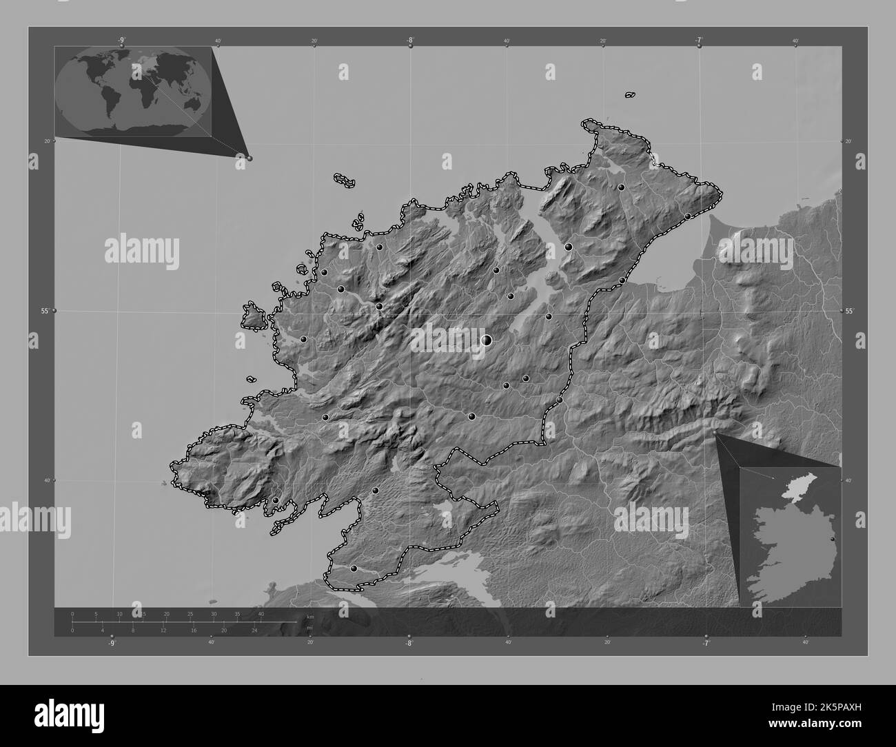 Donegal, county of Ireland. Bilevel elevation map with lakes and rivers ...