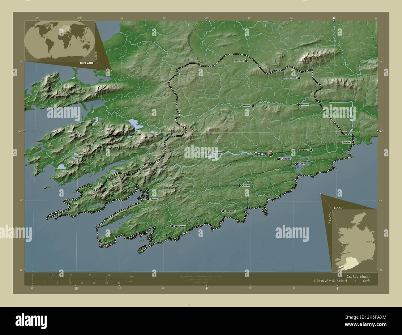 Cork, county of Ireland. Elevation map colored in wiki style with lakes ...