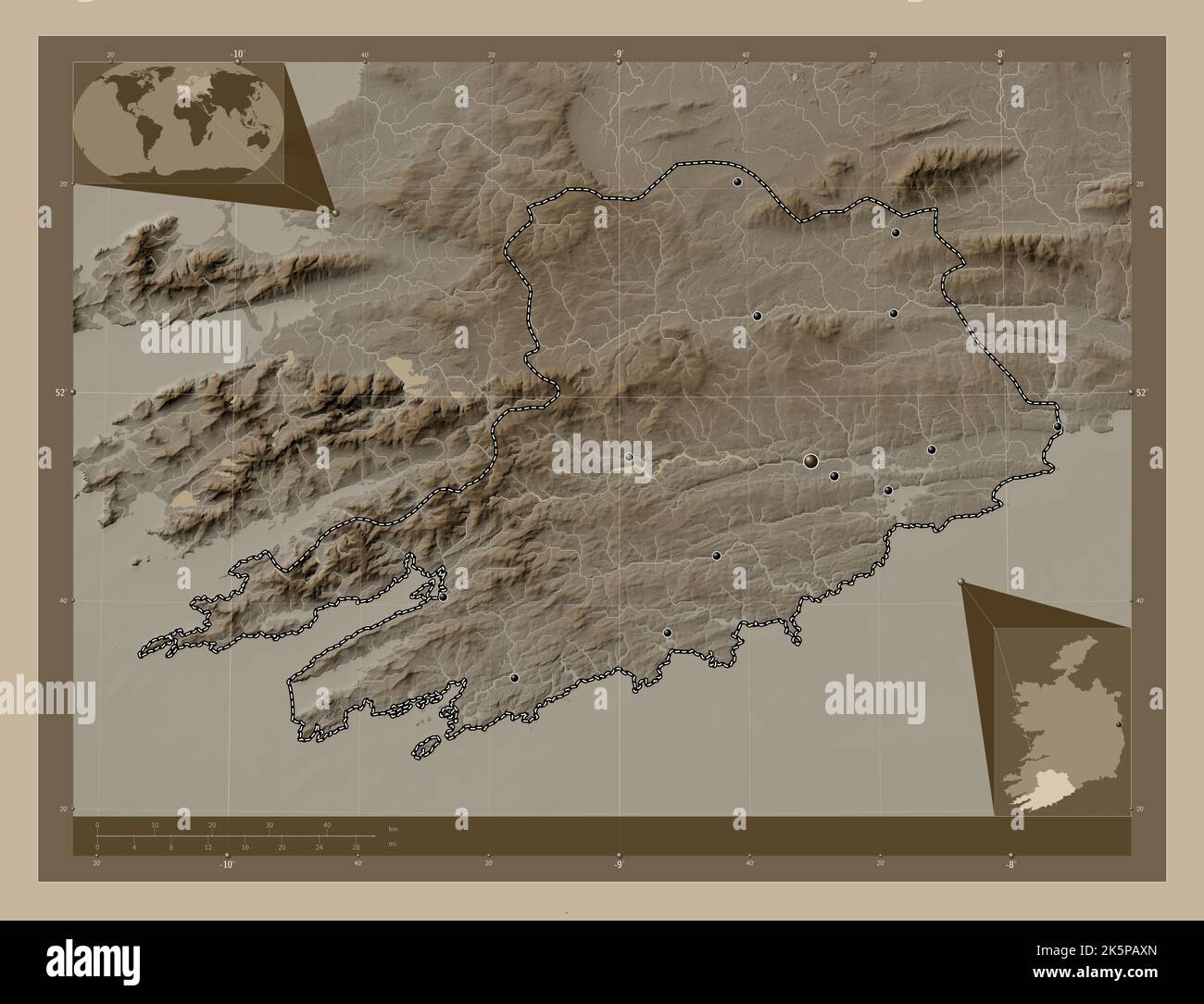Cork, county of Ireland. Elevation map colored in sepia tones with ...