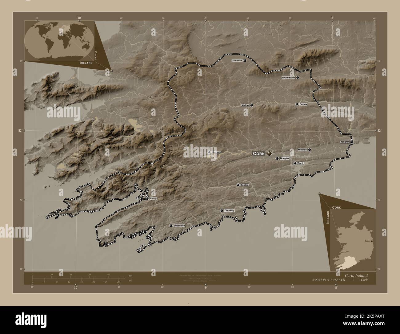 Cork, county of Ireland. Elevation map colored in sepia tones with ...