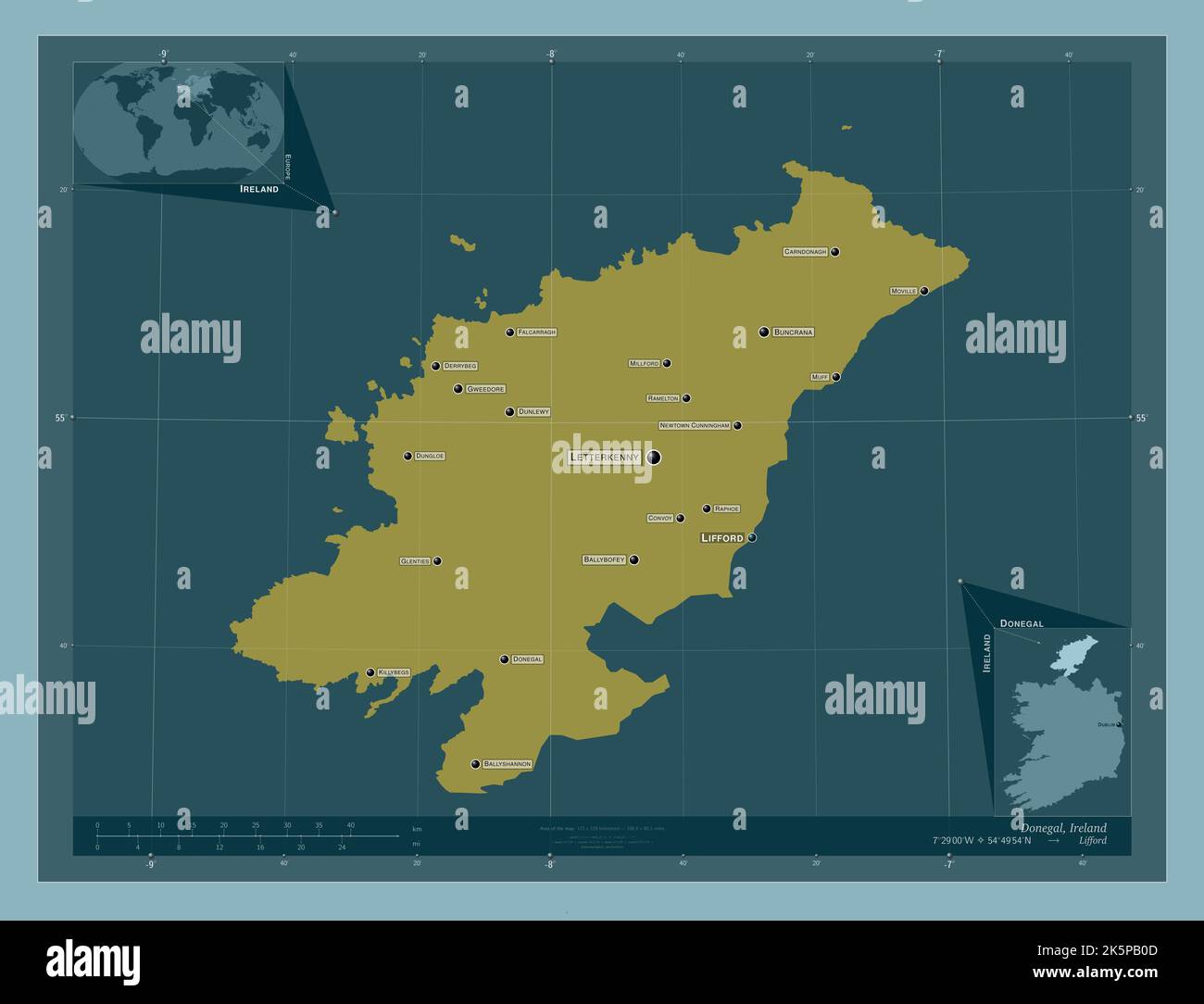 Donegal, county of Ireland. Solid color shape. Locations and names of ...