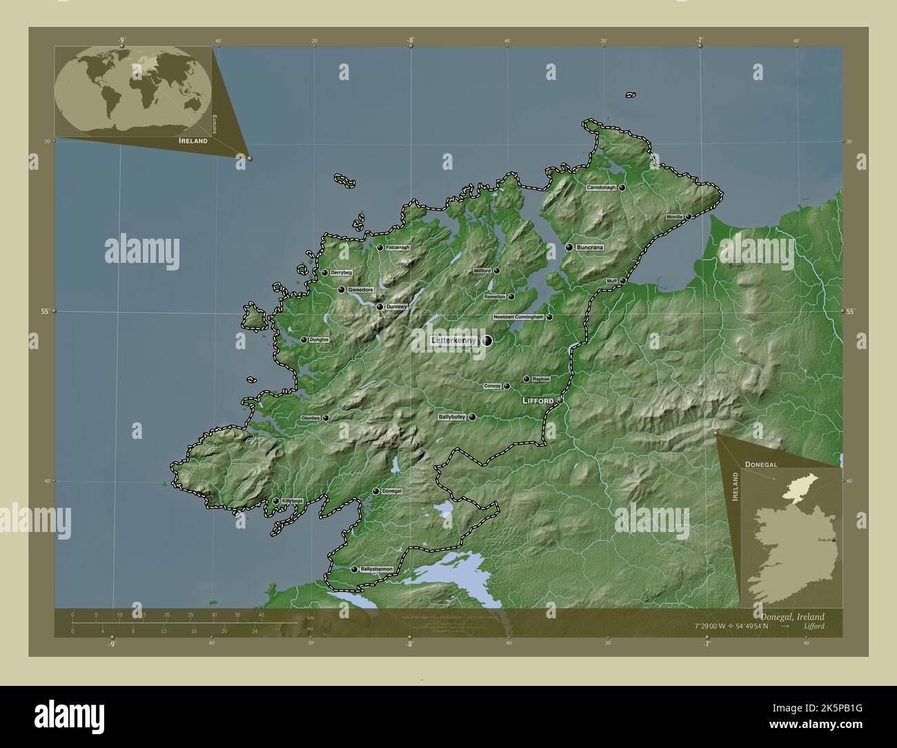 Donegal, county of Ireland. Elevation map colored in wiki style with ...