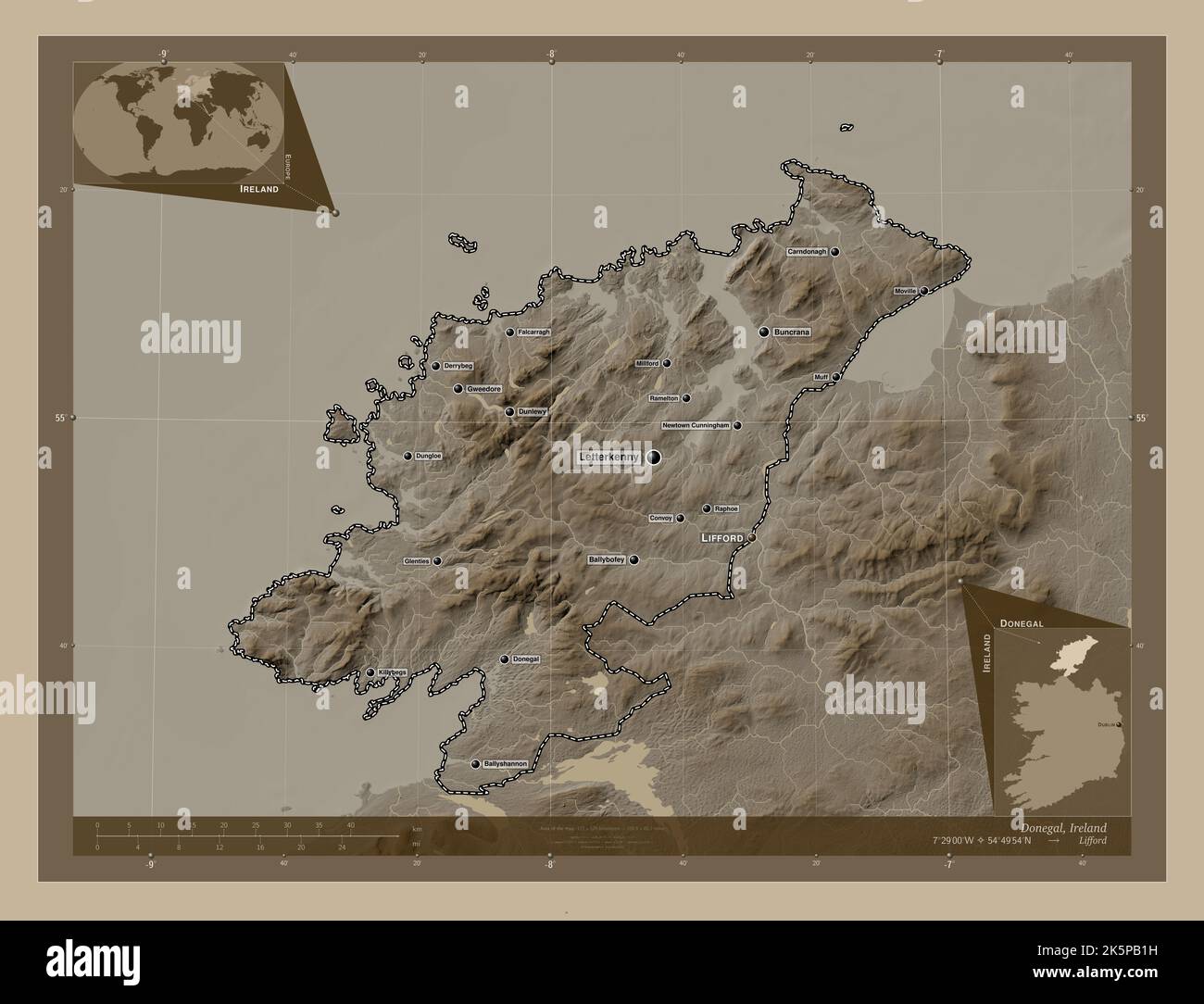 Donegal, county of Ireland. Elevation map colored in sepia tones with ...