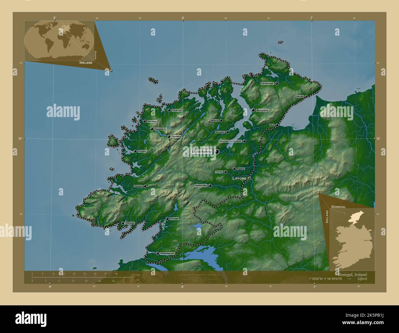Donegal, county of Ireland. Colored elevation map with lakes and rivers ...