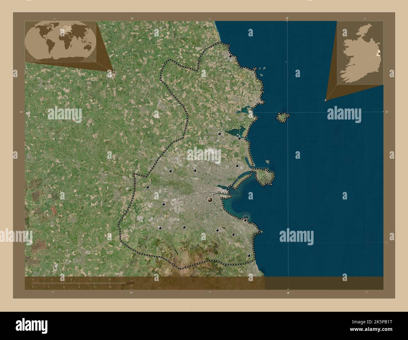 Dublin, county of Ireland. Low resolution satellite map. Locations of ...