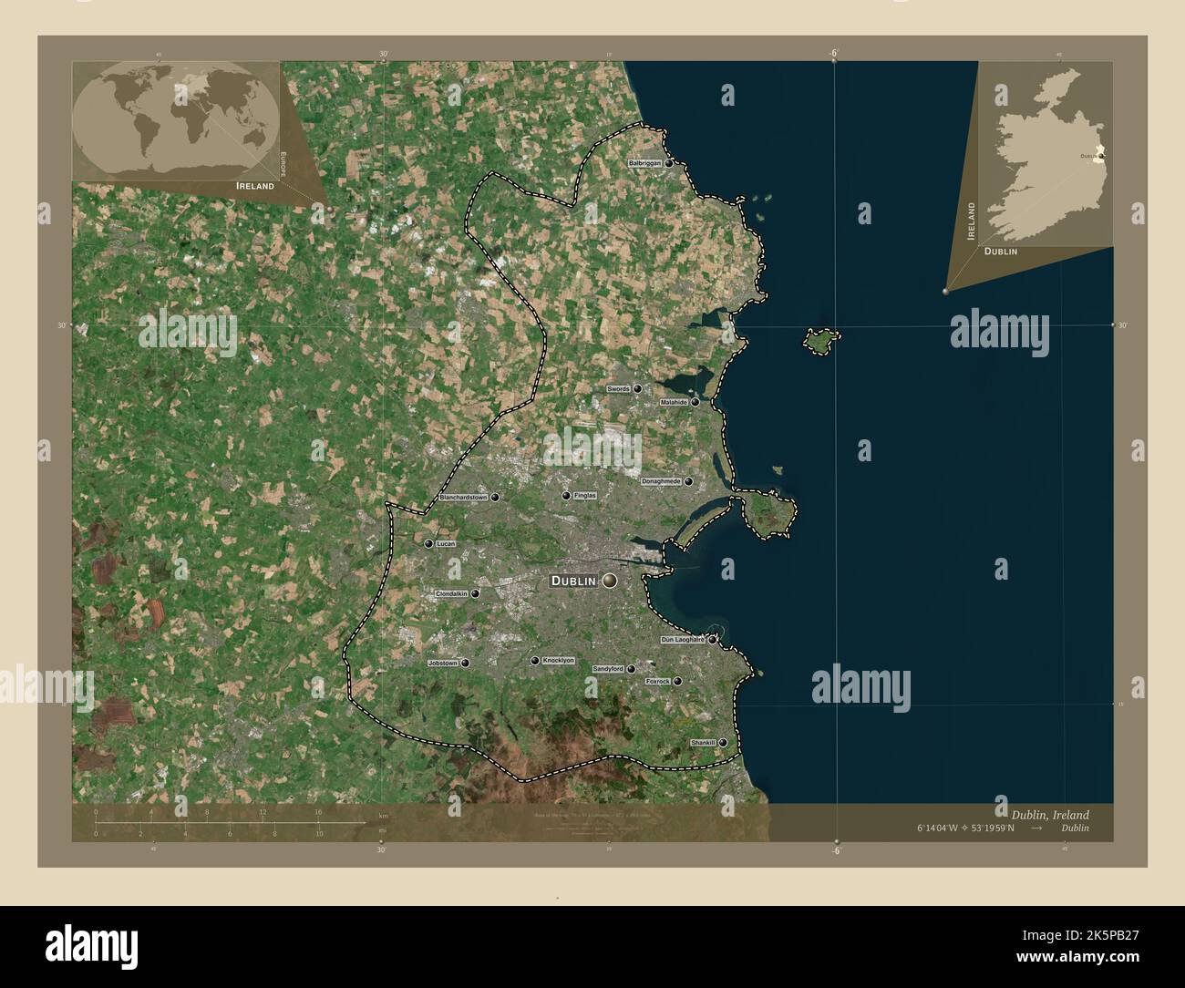 Dublin, county of Ireland. High resolution satellite map. Locations and ...