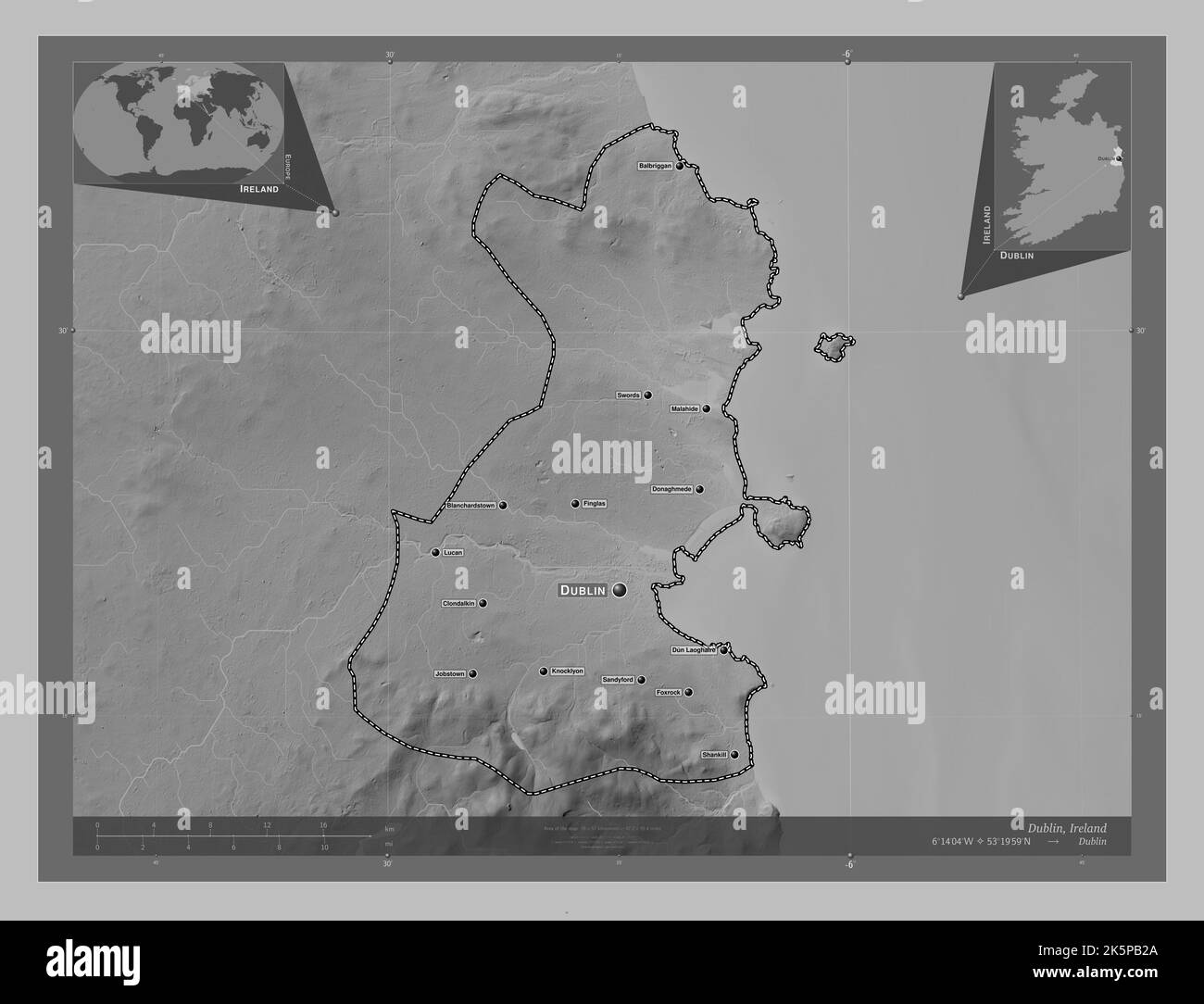 Dublin, county of Ireland. Grayscale elevation map with lakes and ...