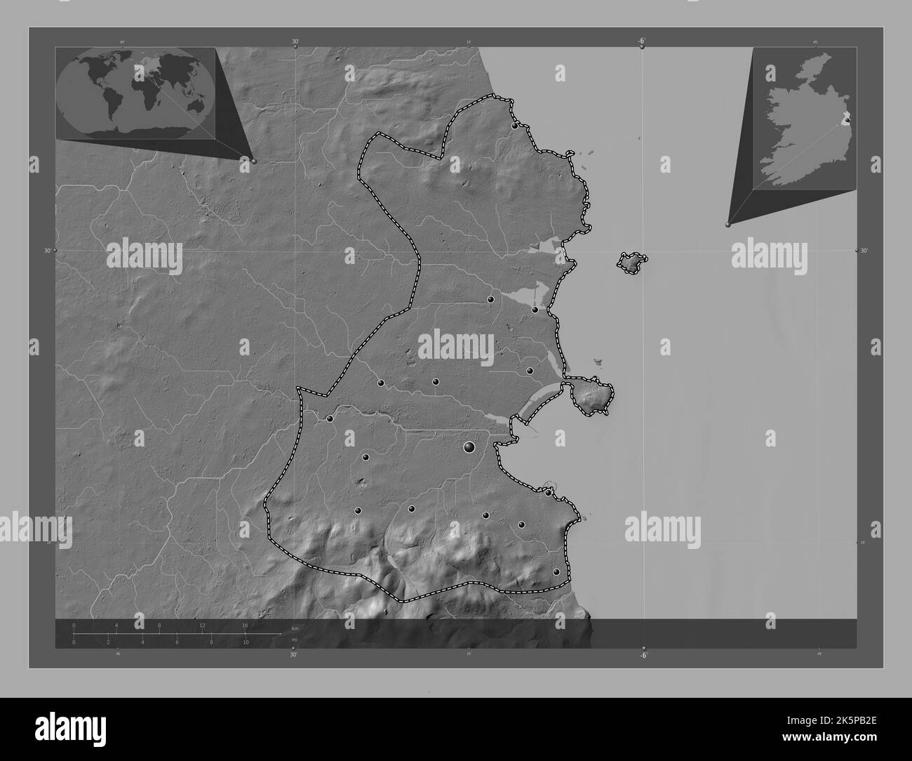 Dublin, county of Ireland. Bilevel elevation map with lakes and rivers ...
