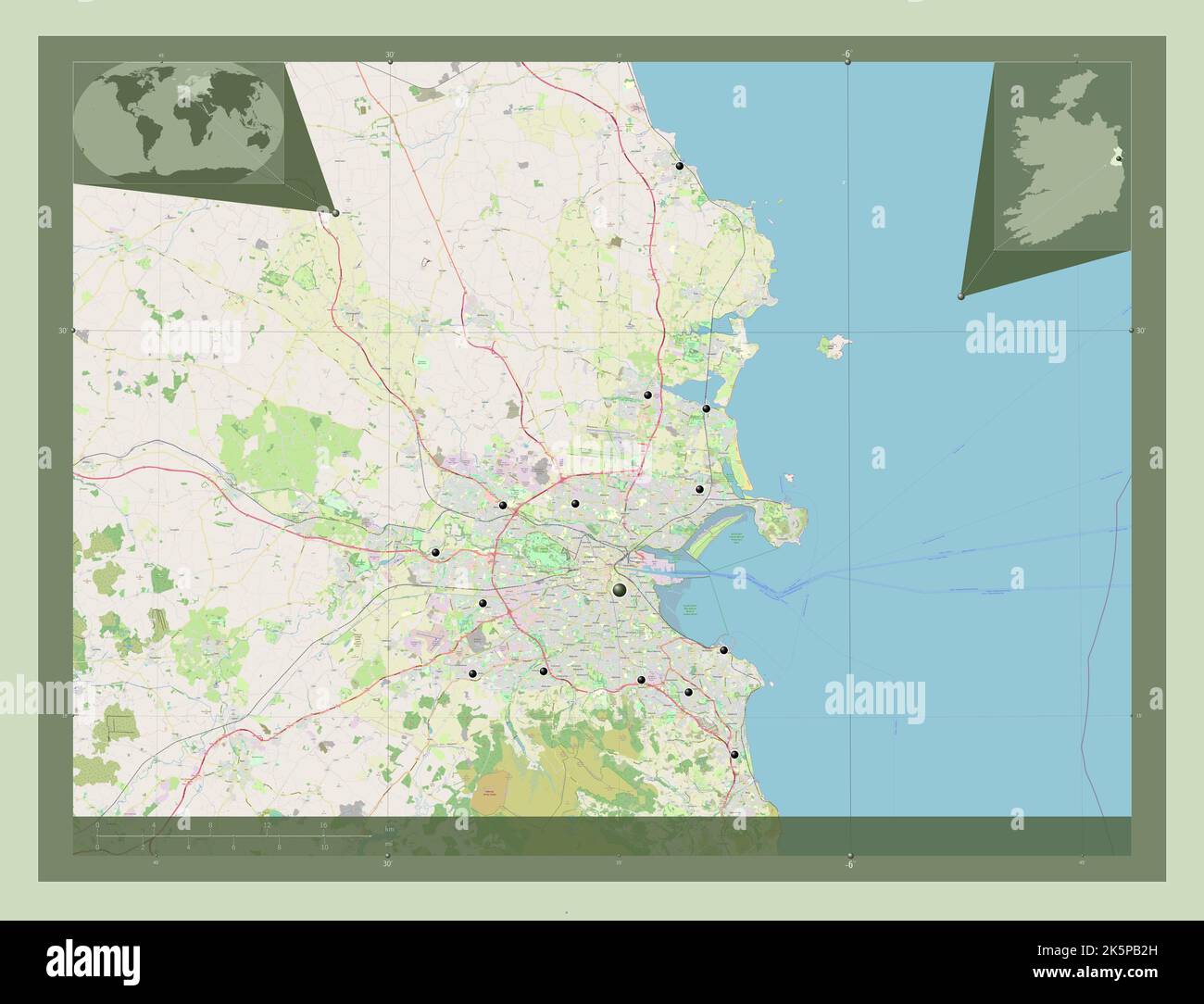 Dublin, county of Ireland. Open Street Map. Locations of major cities ...