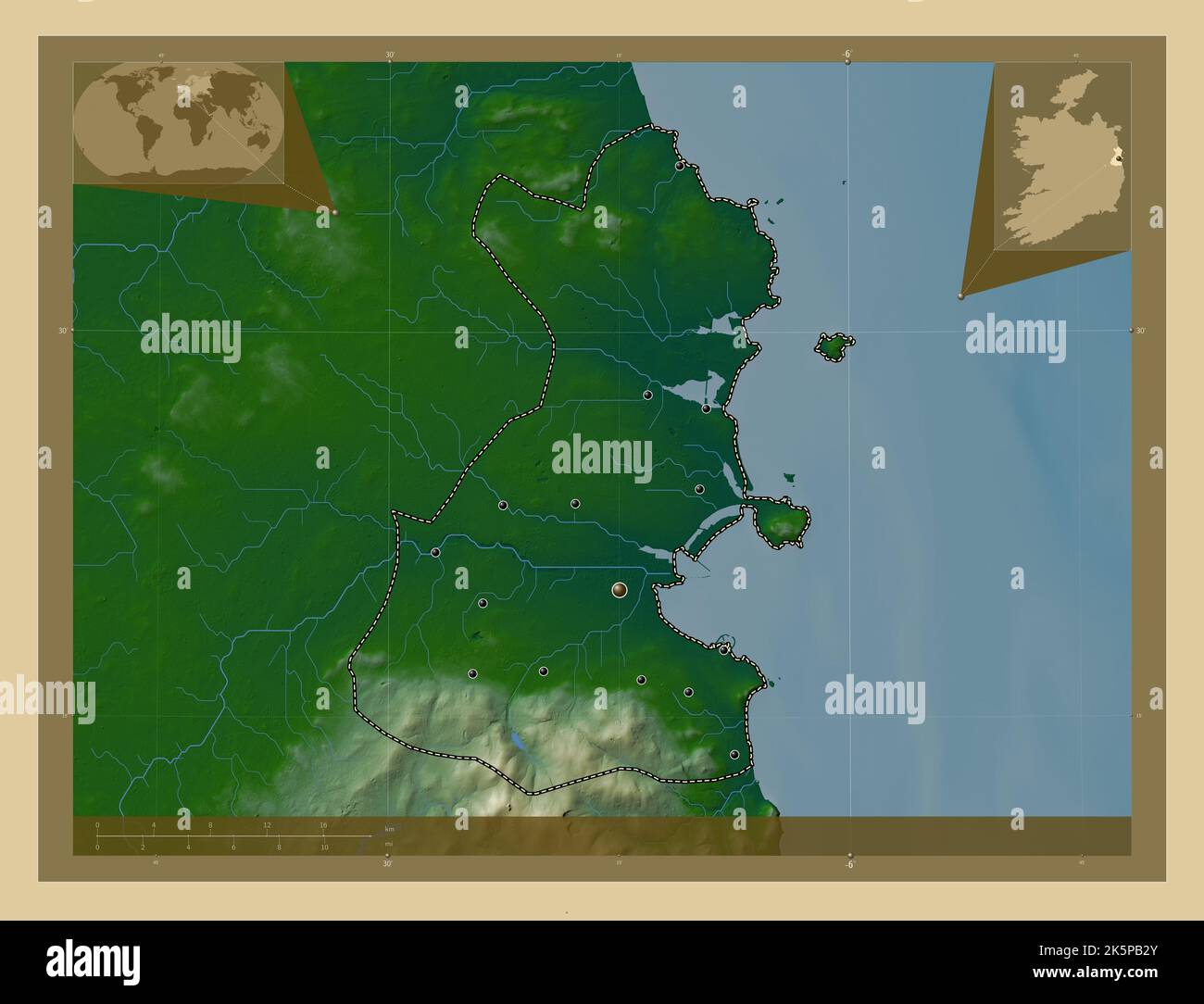 Dublin, county of Ireland. Colored elevation map with lakes and rivers ...