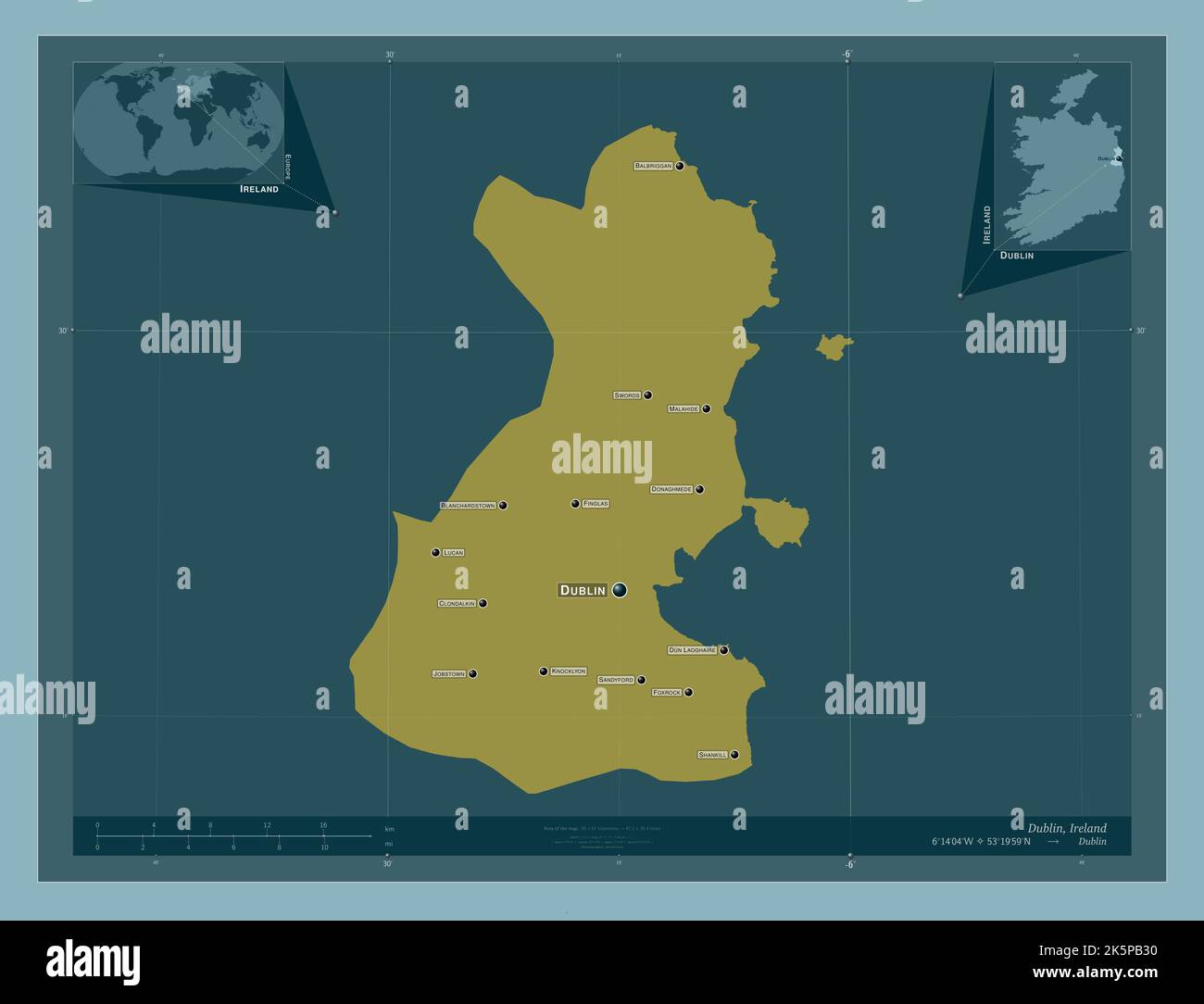 Dublin, county of Ireland. Solid color shape. Locations and names of ...