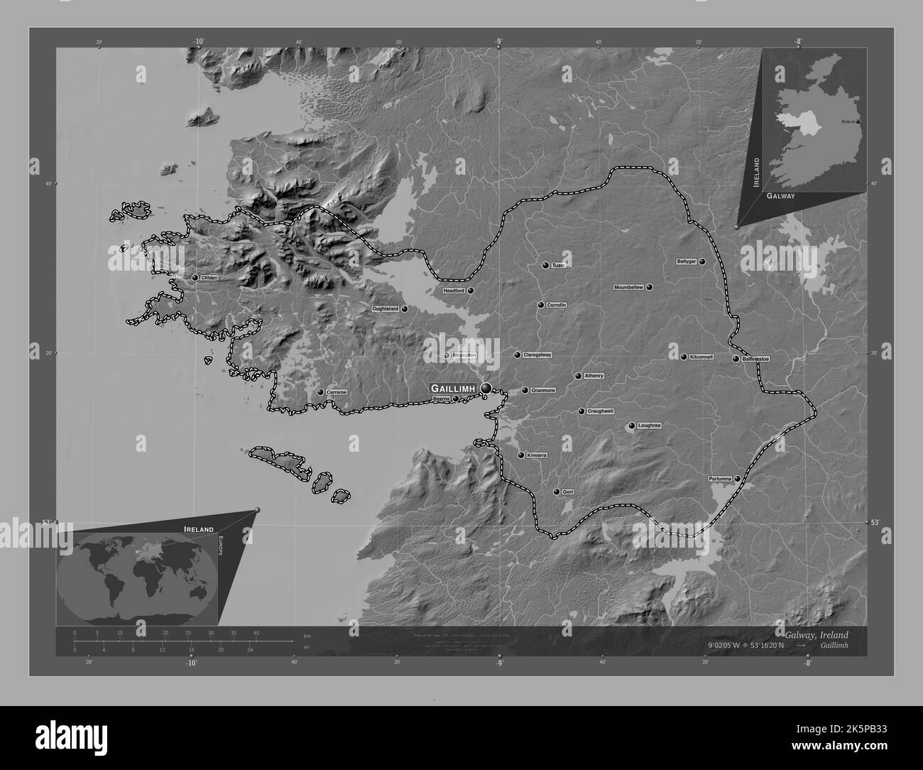 Galway, county of Ireland. Bilevel elevation map with lakes and rivers ...