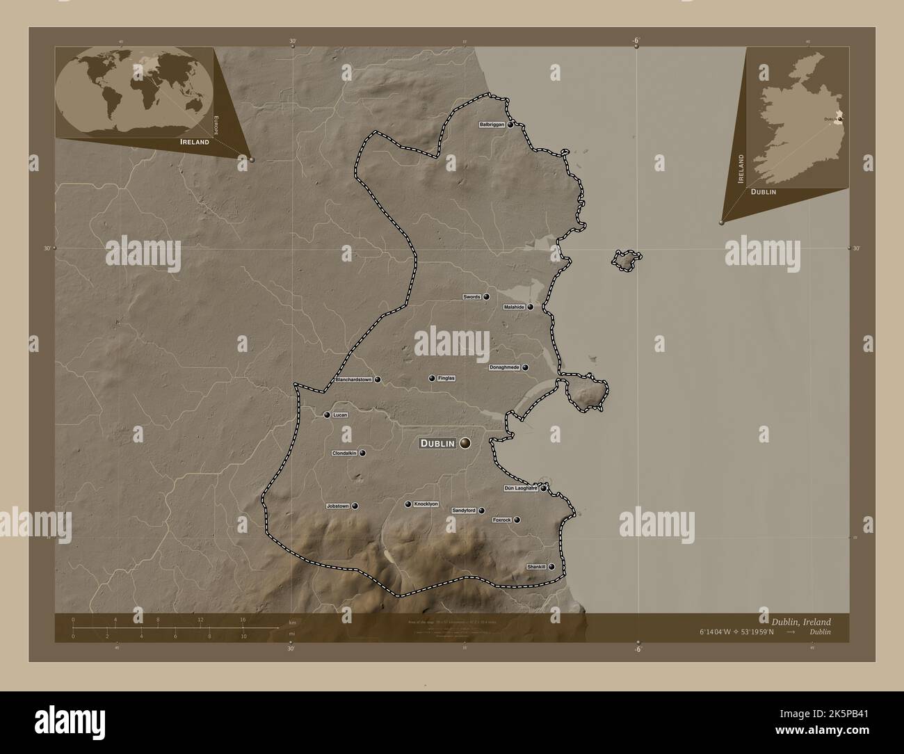 Dublin, county of Ireland. Elevation map colored in sepia tones with ...