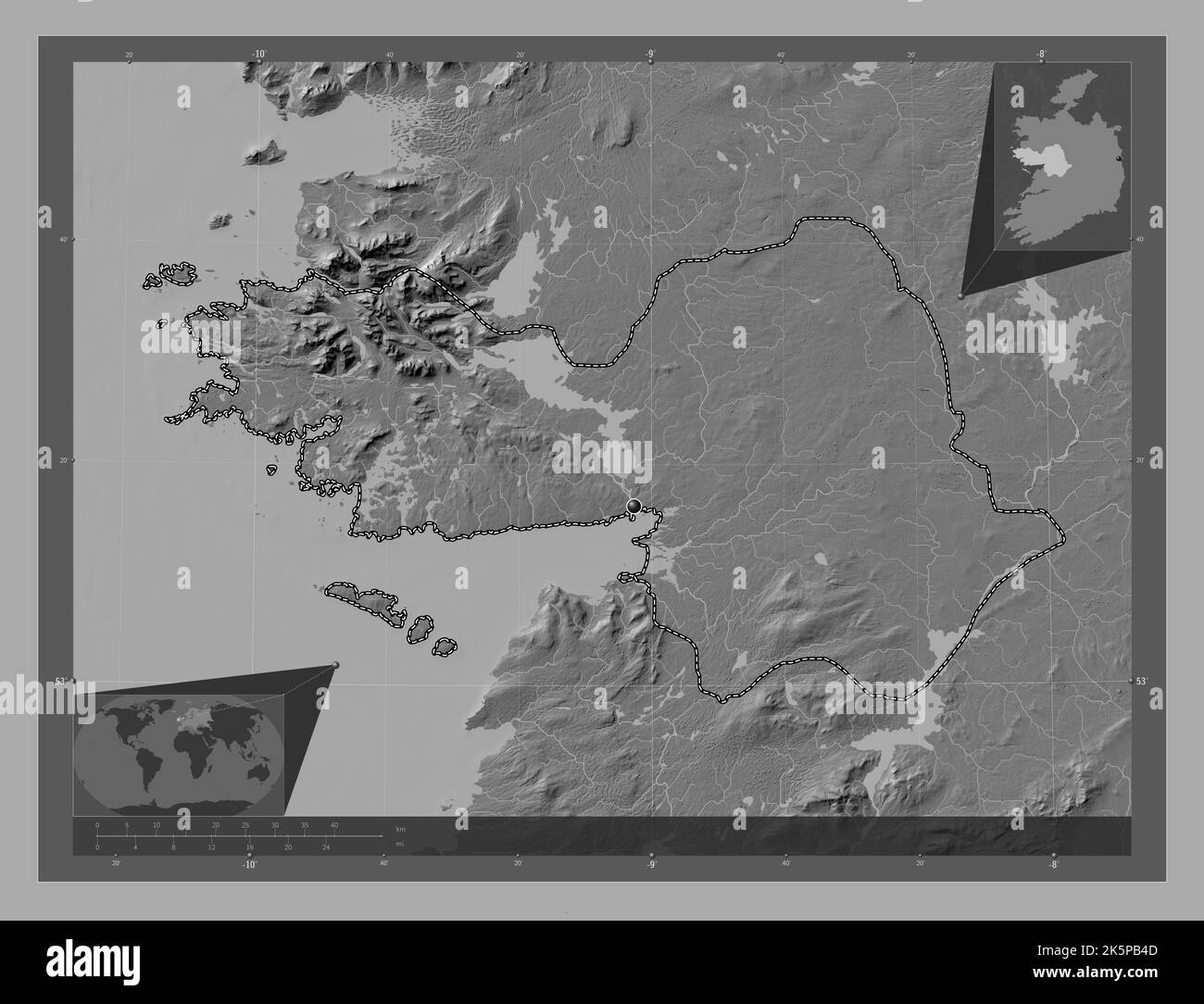 Galway, county of Ireland. Bilevel elevation map with lakes and rivers ...
