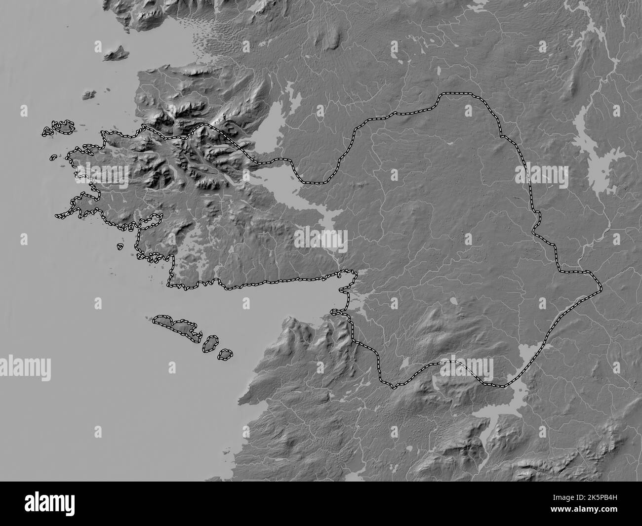 Galway, county of Ireland. Bilevel elevation map with lakes and rivers ...