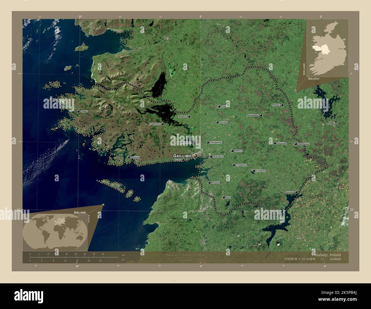 Galway, county of Ireland. High resolution satellite map. Locations and ...