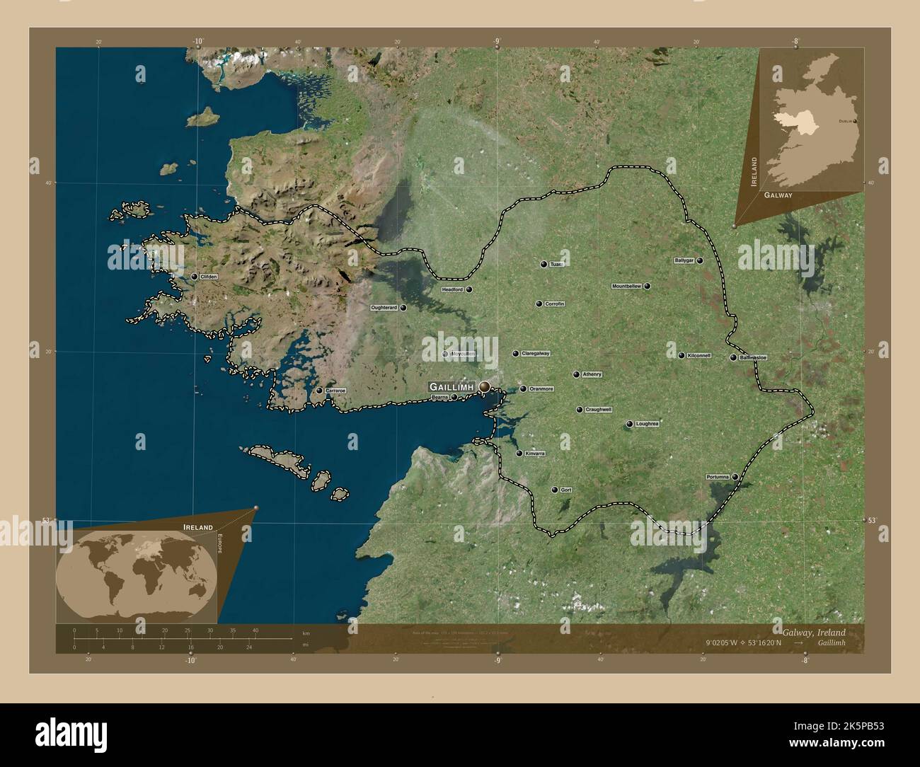 Galway, county of Ireland. Low resolution satellite map. Locations and ...