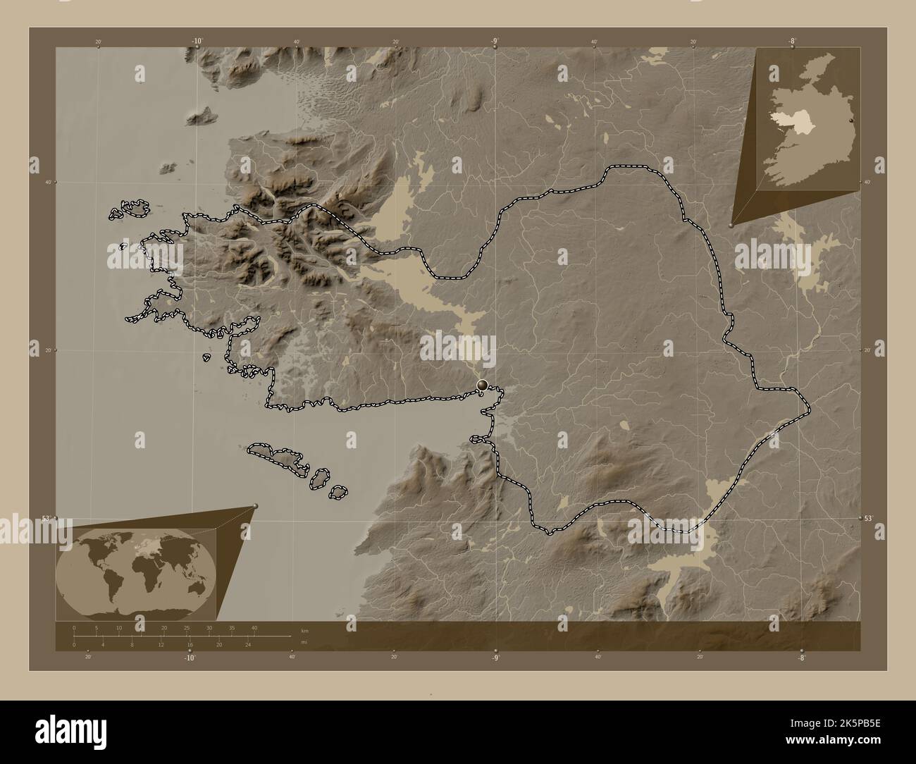 Galway, county of Ireland. Elevation map colored in sepia tones with ...