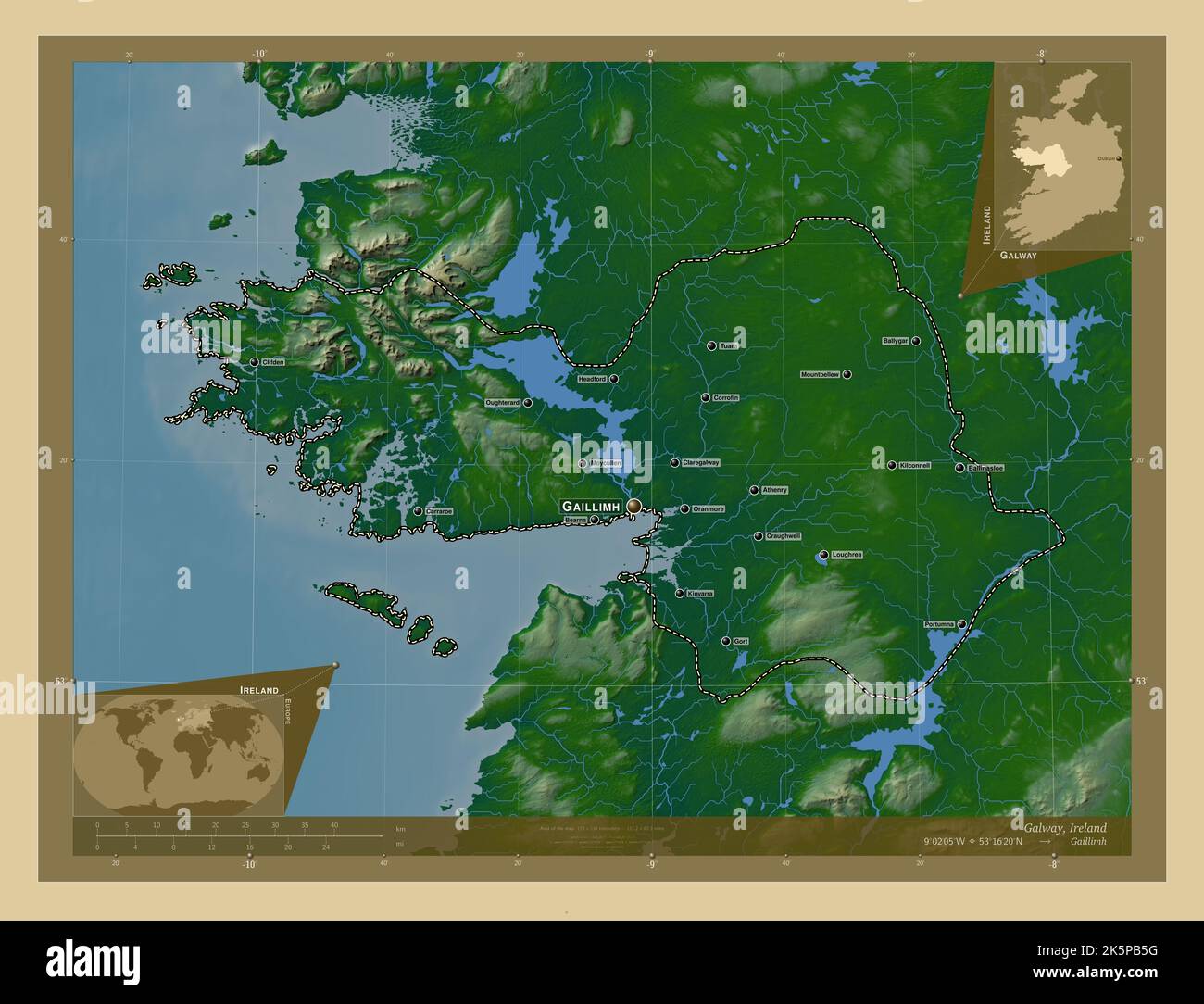 Galway, county of Ireland. Colored elevation map with lakes and rivers ...