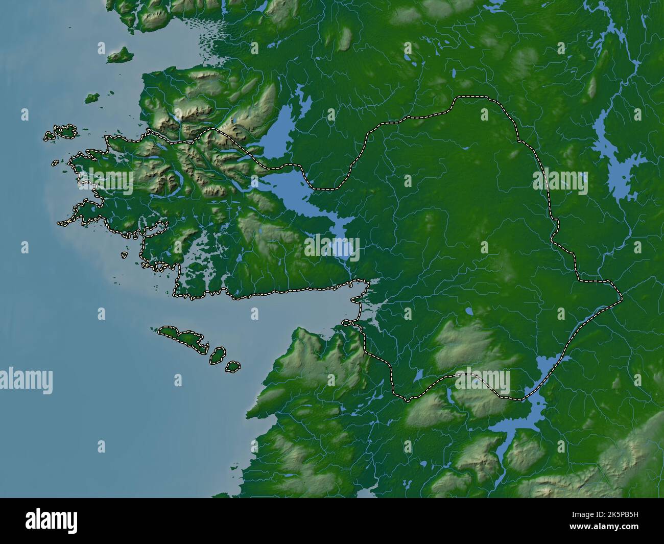 Galway, county of Ireland. Colored elevation map with lakes and rivers ...