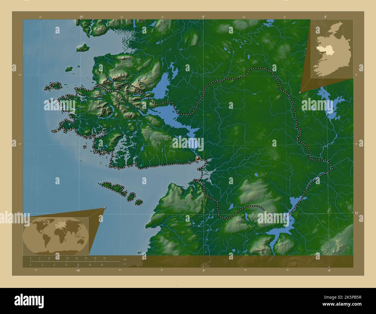 Galway, county of Ireland. Colored elevation map with lakes and rivers ...