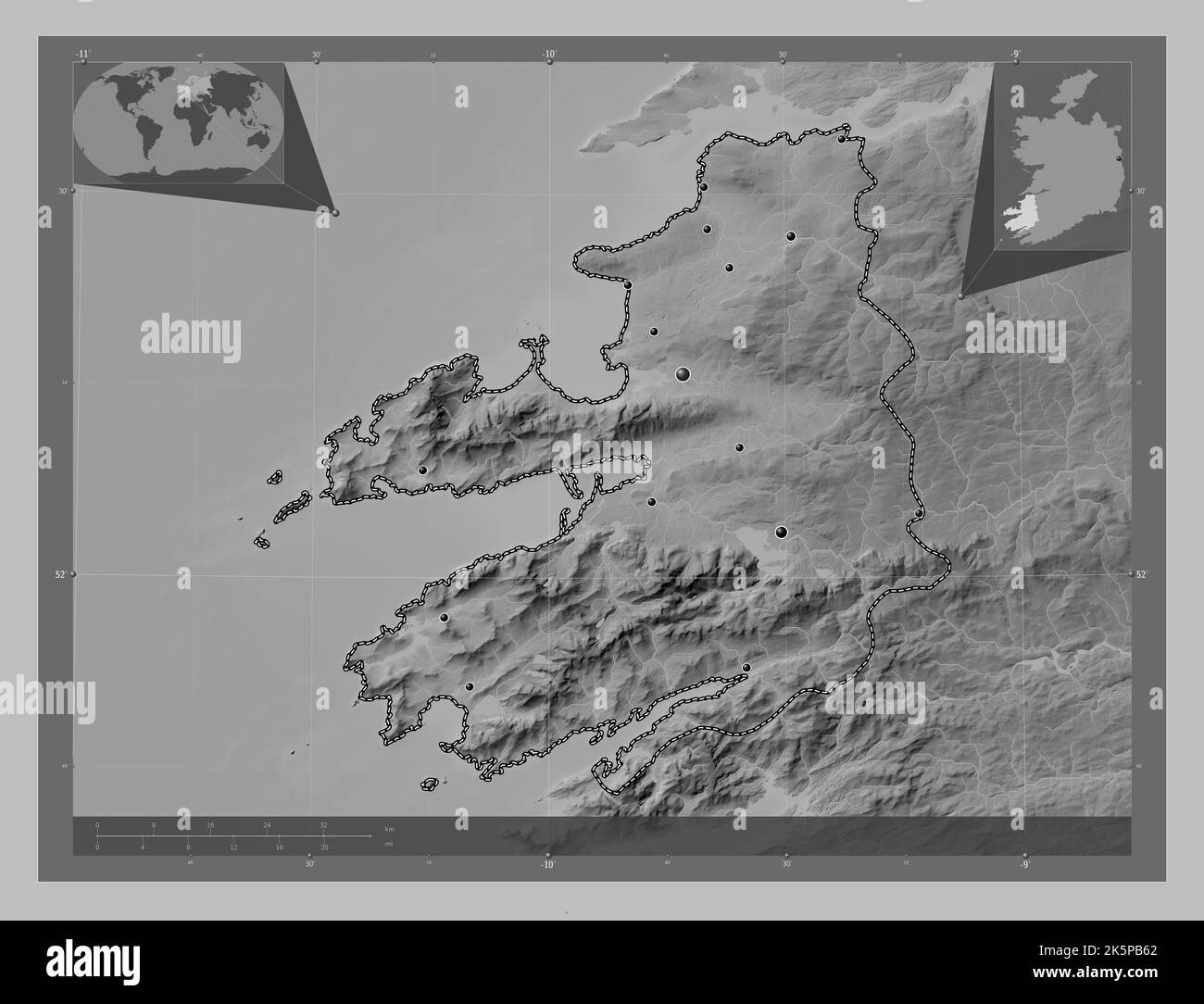 Kerry, county of Ireland. Grayscale elevation map with lakes and rivers ...
