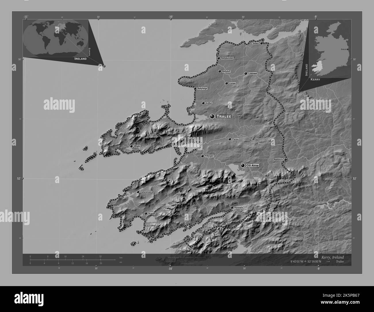 Kerry, county of Ireland. Bilevel elevation map with lakes and rivers ...