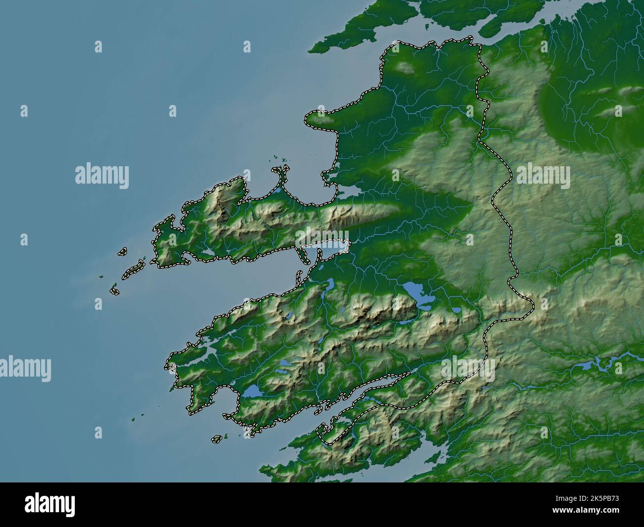 Kerry, county of Ireland. Colored elevation map with lakes and rivers ...