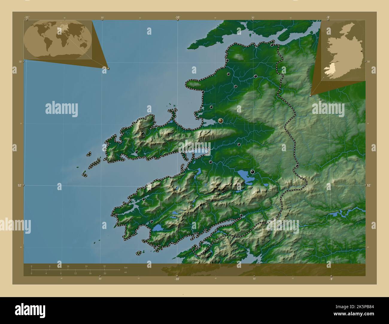Kerry, county of Ireland. Colored elevation map with lakes and rivers ...