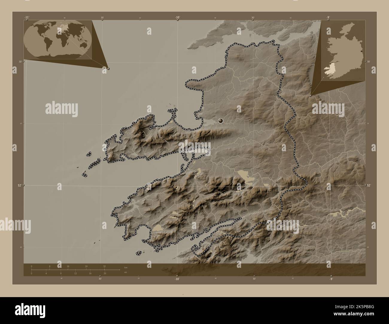 Kerry, county of Ireland. Elevation map colored in sepia tones with ...