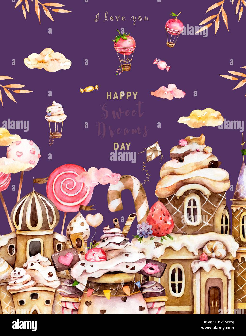 Sweet land watercolor illustration, wonderland. Cartoon fantasy candy ...