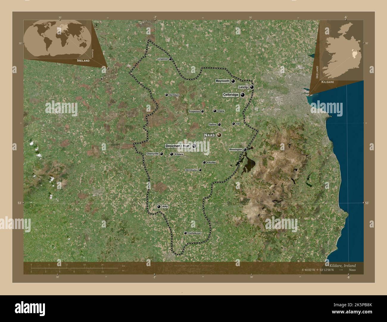 Kildare, county of Ireland. Low resolution satellite map. Locations and ...